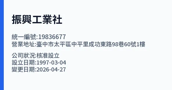 振興工業社的照片-統編 19836677(臺中市) 公司登記資料與營業項目詳細圖表