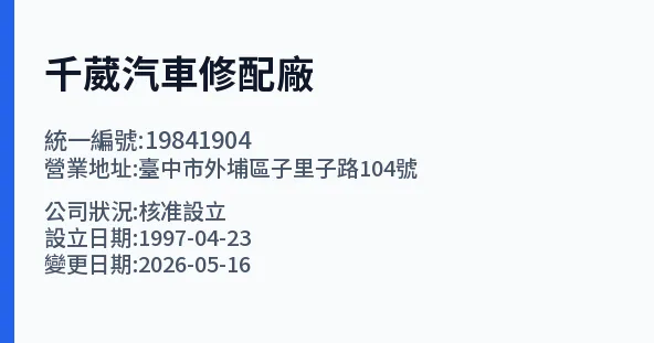 千葳汽車修配廠的照片-統編 19841904(臺中市) 公司登記資料與營業項目詳細圖表