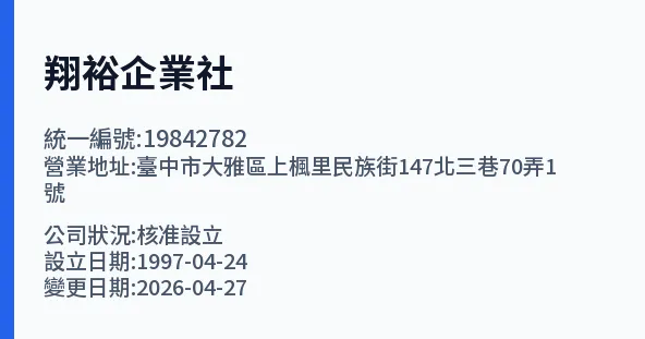翔裕企業社的照片-統編 19842782(臺中市) 公司登記資料與營業項目詳細圖表