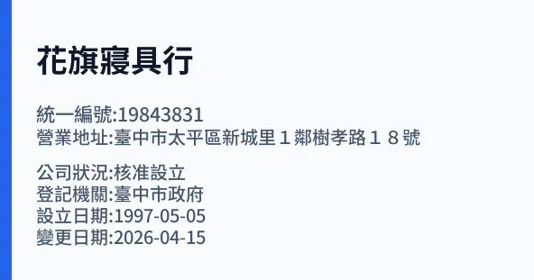 花旗寢具行的照片-統編 19843831(臺中市) 公司登記資料與營業項目詳細圖表