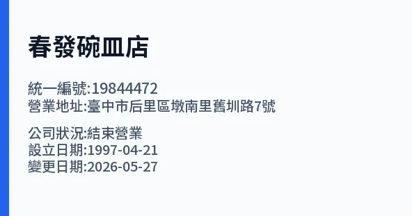 春發碗皿店的照片-統編 19844472(臺中市) 公司登記資料與營業項目詳細圖表