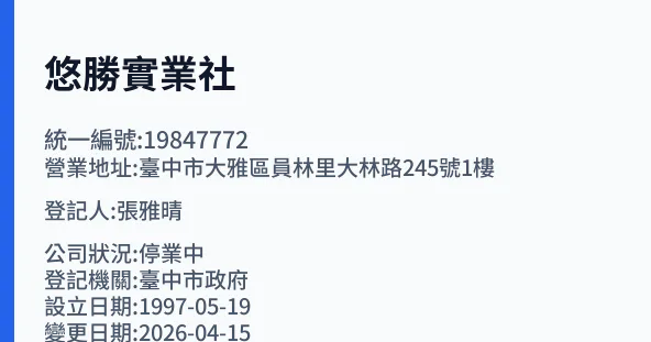 悠勝實業社的照片-統編 19847772(臺中市) 公司登記資料與營業項目詳細圖表