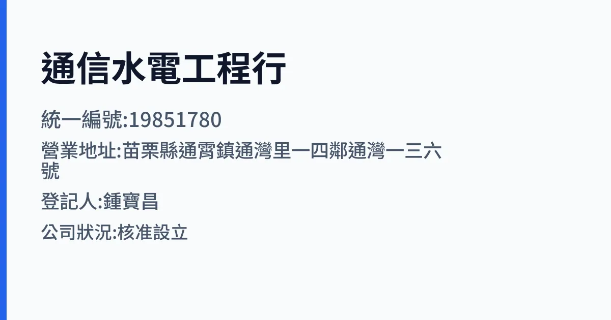 通信水電工程行 - 統編 19851780(苗栗縣) 公司登記資料與營業項目詳細圖表