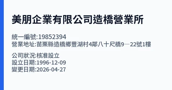 美朋企業有限公司造橋營業所的照片-統編 19852394(苗栗縣) 公司登記資料與營業項目詳細圖表