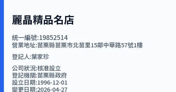 麗晶精品名店的照片-統編 19852514(苗栗縣) 公司登記資料與營業項目詳細圖表