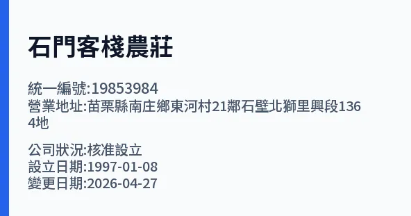 石門客棧農莊的照片-統編 19853984(苗栗縣) 公司登記資料與營業項目詳細圖表