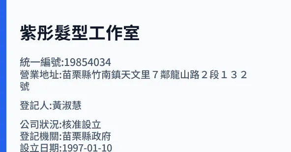 紫彤髮型工作室的照片-統編 19854034(苗栗縣) 公司登記資料與營業項目詳細圖表
