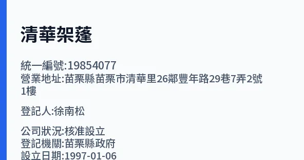 清華架蓬的照片-統編 19854077(苗栗縣) 公司登記資料與營業項目詳細圖表