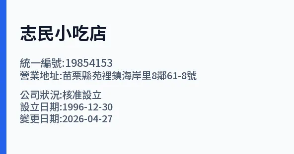 志民小吃店的照片-統編 19854153(苗栗縣) 公司登記資料與營業項目詳細圖表