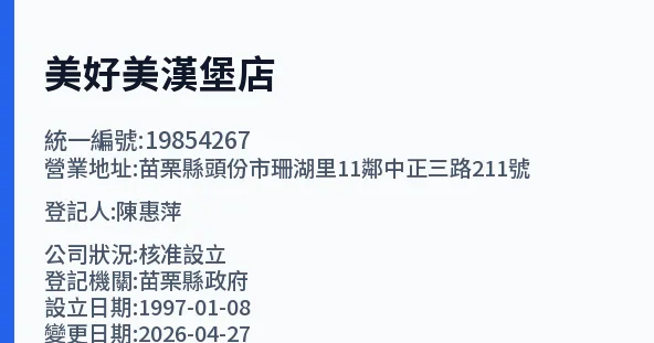 美好美漢堡店的照片-統編 19854267(苗栗縣) 公司登記資料與營業項目詳細圖表