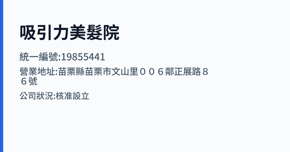 吸引力美髮院 - 統編 19855441（苗栗縣） 公司登記資料與營業項目詳細圖表