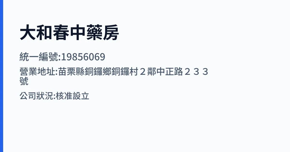 大和春中藥房 - 統編 19856069(苗栗縣) 公司登記資料與營業項目詳細圖表