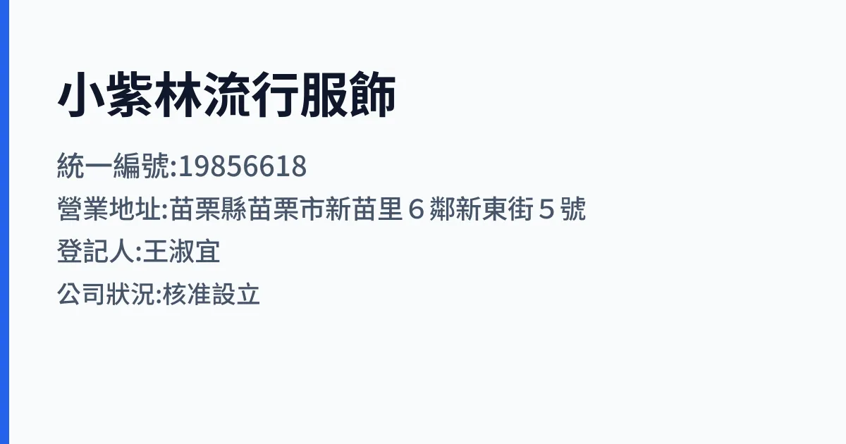 小紫林流行服飾 - 統編 19856618(苗栗縣) 公司登記資料與營業項目詳細圖表