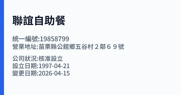 聯誼自助餐的照片-統編 19858799(苗栗縣) 公司登記資料與營業項目詳細圖表