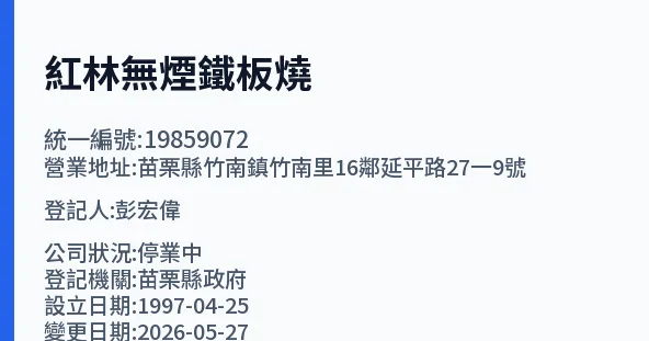 紅林無煙鐵板燒的照片-統編 19859072(苗栗縣) 公司登記資料與營業項目詳細圖表