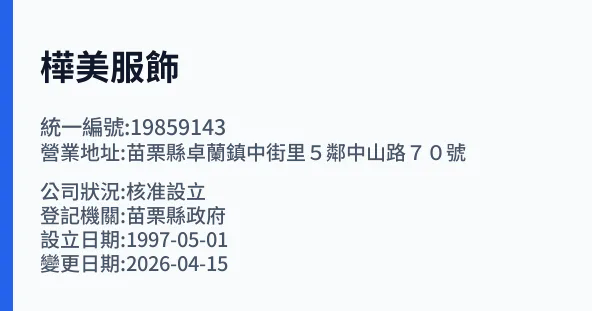 樺美服飾的照片-統編 19859143(苗栗縣) 公司登記資料與營業項目詳細圖表