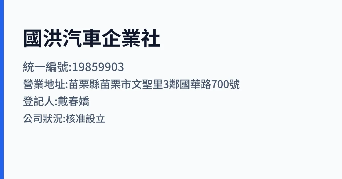國洪汽車企業社 - 統編 19859903(苗栗縣) 公司登記資料與營業項目詳細圖表