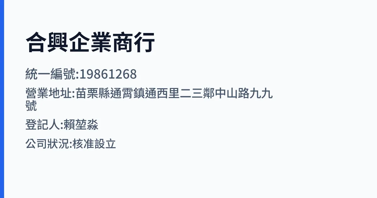 合興企業商行 - 統編 19861268(苗栗縣) 公司登記資料與營業項目詳細圖表
