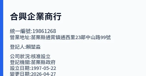 合興企業商行的照片-統編 19861268(苗栗縣) 公司登記資料與營業項目詳細圖表