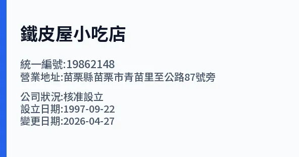 鐵皮屋小吃店的照片-統編 19862148(苗栗縣) 公司登記資料與營業項目詳細圖表