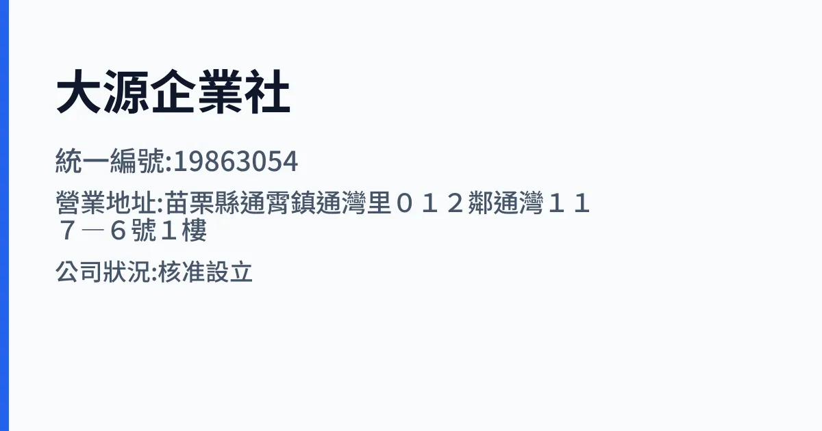 大源企業社 - 統編 19863054(苗栗縣) 公司登記資料與營業項目詳細圖表