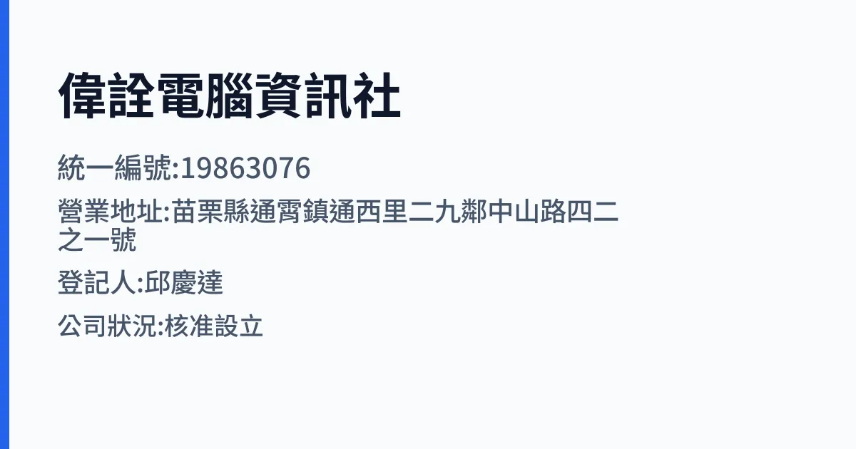 偉詮電腦資訊社 - 統編 19863076(苗栗縣) 公司登記資料與營業項目詳細圖表