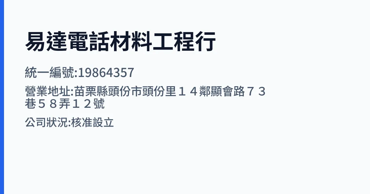 易達電話材料工程行 - 統編 19864357(苗栗縣) 公司登記資料與營業項目詳細圖表