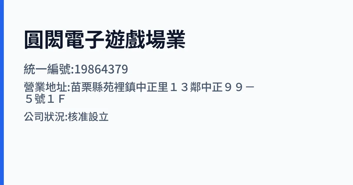 圓閎電子遊戲場業 - 統編 19864379(苗栗縣) 公司登記資料與營業項目詳細圖表