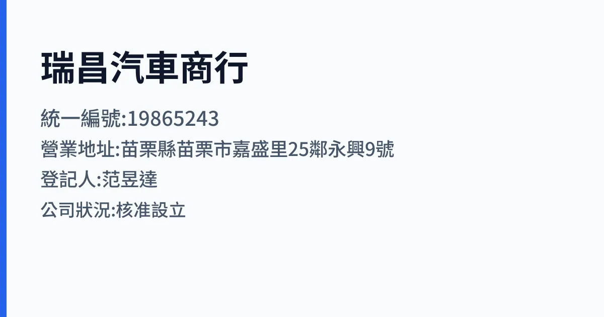 瑞昌汽車商行 - 統編 19865243(苗栗縣) 公司登記資料與營業項目詳細圖表