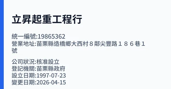 立昇起重工程行的照片-統編 19865362(苗栗縣) 公司登記資料與營業項目詳細圖表