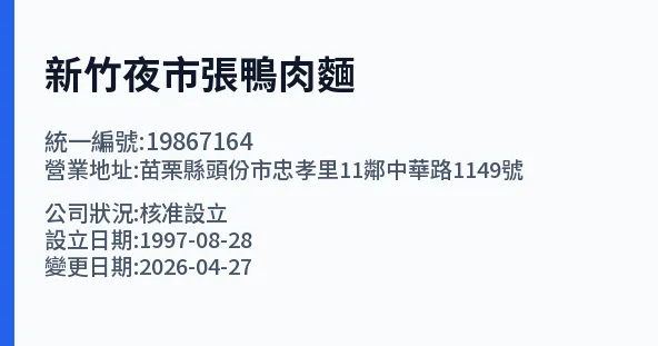 新竹夜市張鴨肉麵的照片-統編 19867164(苗栗縣) 公司登記資料與營業項目詳細圖表