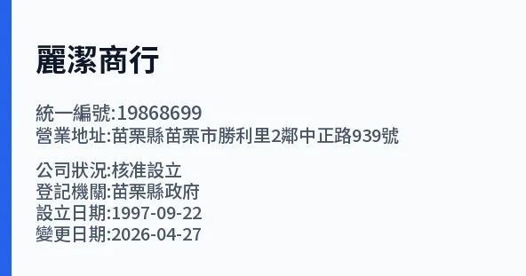 麗潔商行的照片-統編 19868699(苗栗縣) 公司登記資料與營業項目詳細圖表