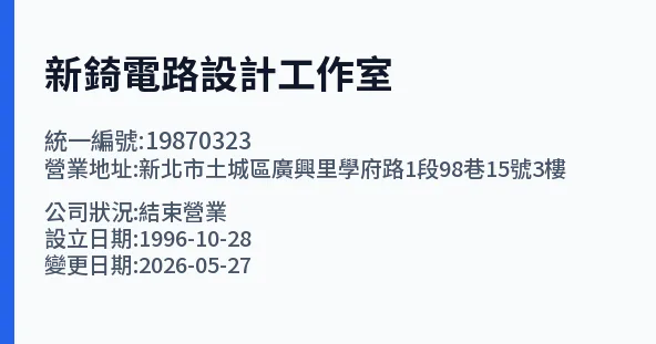 新錡電路設計工作室的照片-統編 19870323(新北市) 公司登記資料與營業項目詳細圖表