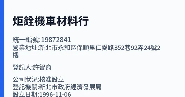 炬銓機車材料行的照片-統編 19872841(新北市) 公司登記資料與營業項目詳細圖表