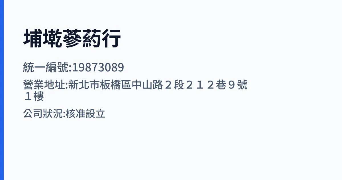 埔墘蔘葯行 - 統編 19873089(新北市) 公司登記資料與營業項目詳細圖表