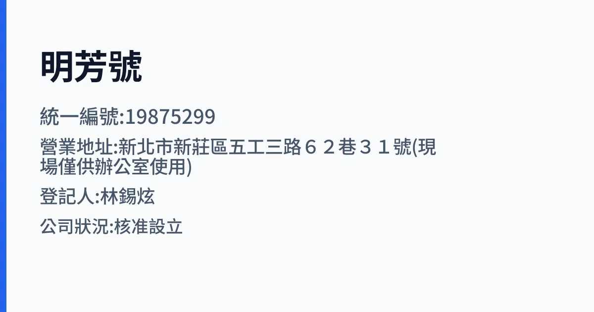 明芳號 - 統編 19875299(新北市) 公司登記資料與營業項目詳細圖表