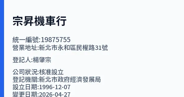 宗昇機車行的照片-統編 19875755(新北市) 公司登記資料與營業項目詳細圖表