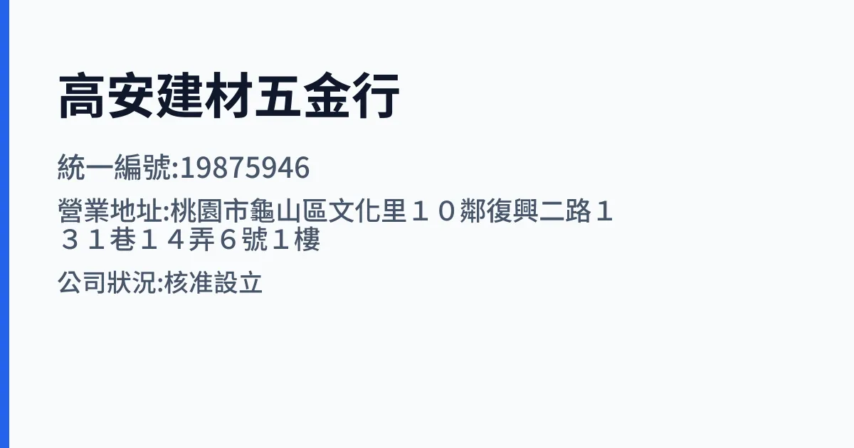 高安建材五金行 - 統編 19875946(桃園市) 公司登記資料與營業項目詳細圖表