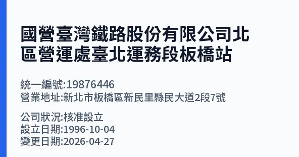 國營臺灣鐵路股份有限公司北區營運處臺北運務段板橋站的照片-統編 19876446(新北市) 公司登記資料與營業項目詳細圖表