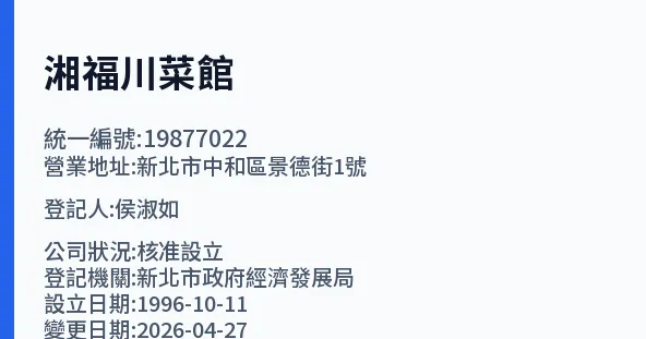 湘福川菜館的照片-統編 19877022(新北市) 公司登記資料與營業項目詳細圖表