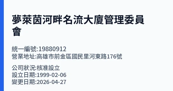 夢萊茵河畔名流大廈管理委員會的照片-統編 19880912(高雄市) 公司登記資料與營業項目詳細圖表