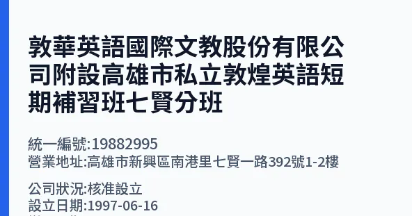 敦華英語國際文教股份有限公司附設高雄市私立敦煌英語短期補習班七賢分班的照片-統編 19882995(高雄市) 公司登記資料與營業項目詳細圖表