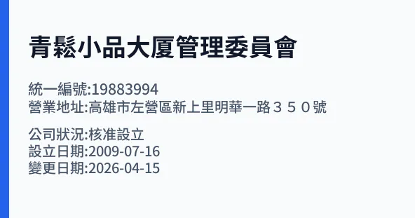 青鬆小品大厦管理委員會的照片-統編 19883994(高雄市) 公司登記資料與營業項目詳細圖表