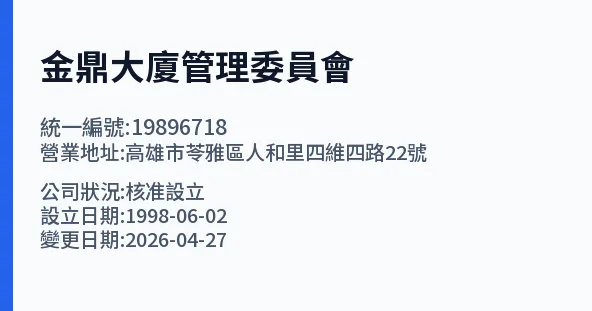 金鼎大廈管理委員會的照片-統編 19896718(高雄市) 公司登記資料與營業項目詳細圖表