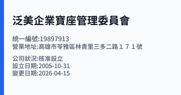泛美企業寶座管理委員會的照片-統編 19897913(高雄市) 公司登記資料與營業項目詳細圖表