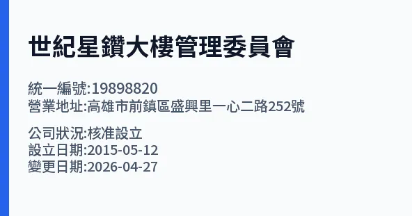 世紀星鑽大樓管理委員會的照片-統編 19898820(高雄市) 公司登記資料與營業項目詳細圖表