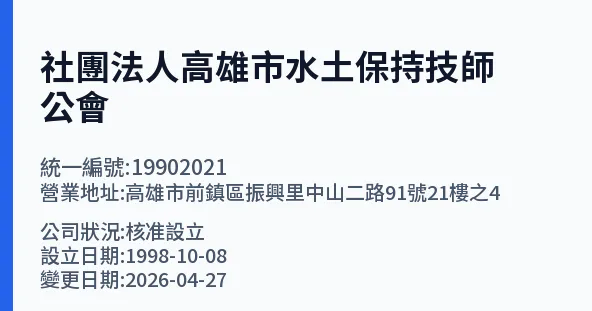 社團法人高雄市水土保持技師公會的照片-統編 19902021(高雄市) 公司登記資料與營業項目詳細圖表