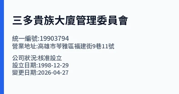 三多貴族大廈管理委員會的照片-統編 19903794(高雄市) 公司登記資料與營業項目詳細圖表