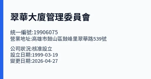 翠華大廈管理委員會的照片-統編 19906075(高雄市) 公司登記資料與營業項目詳細圖表