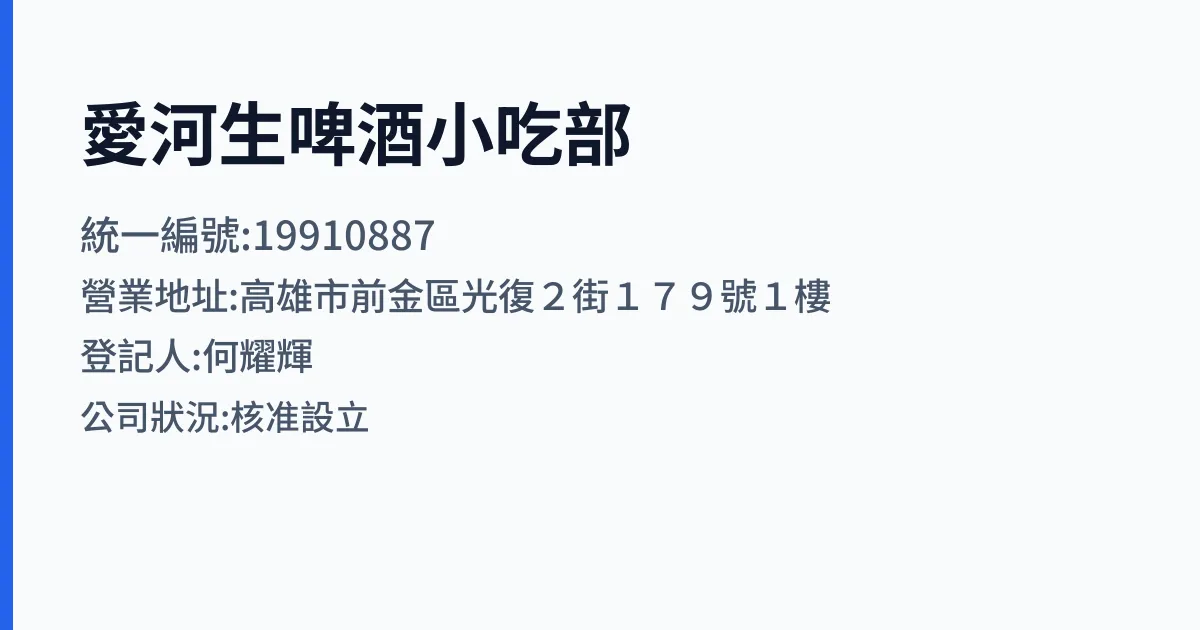 愛河生啤酒小吃部 - 統編 19910887(高雄市) 公司登記資料與營業項目詳細圖表